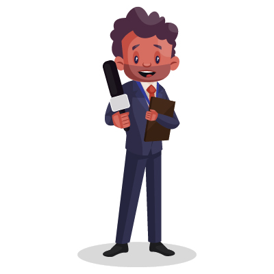 Young boy journalist is holding mic and files