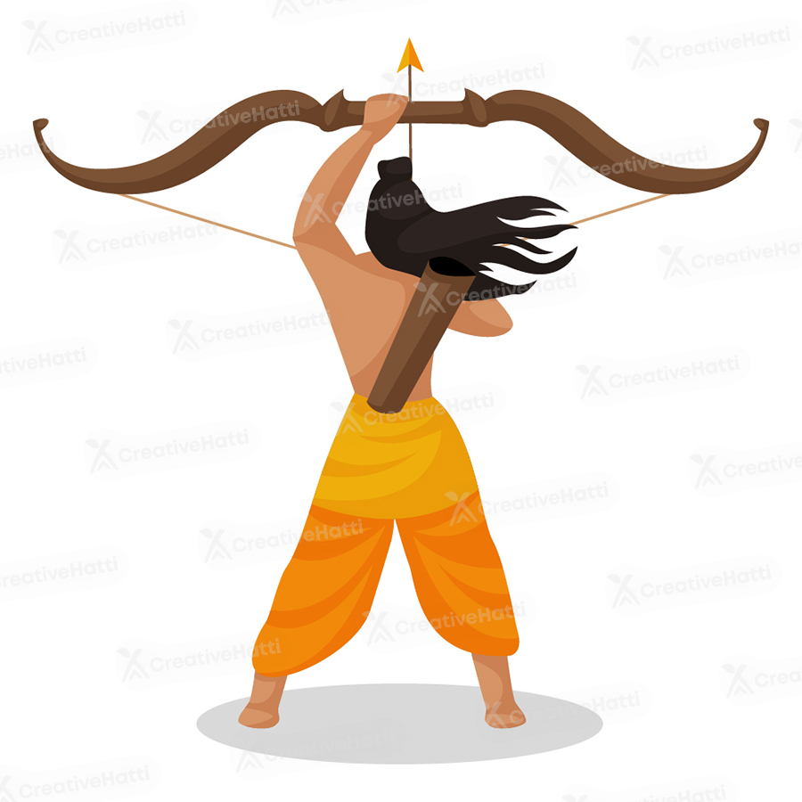 Lord Rama is standing turning his backside and holding a bow and arrow ...