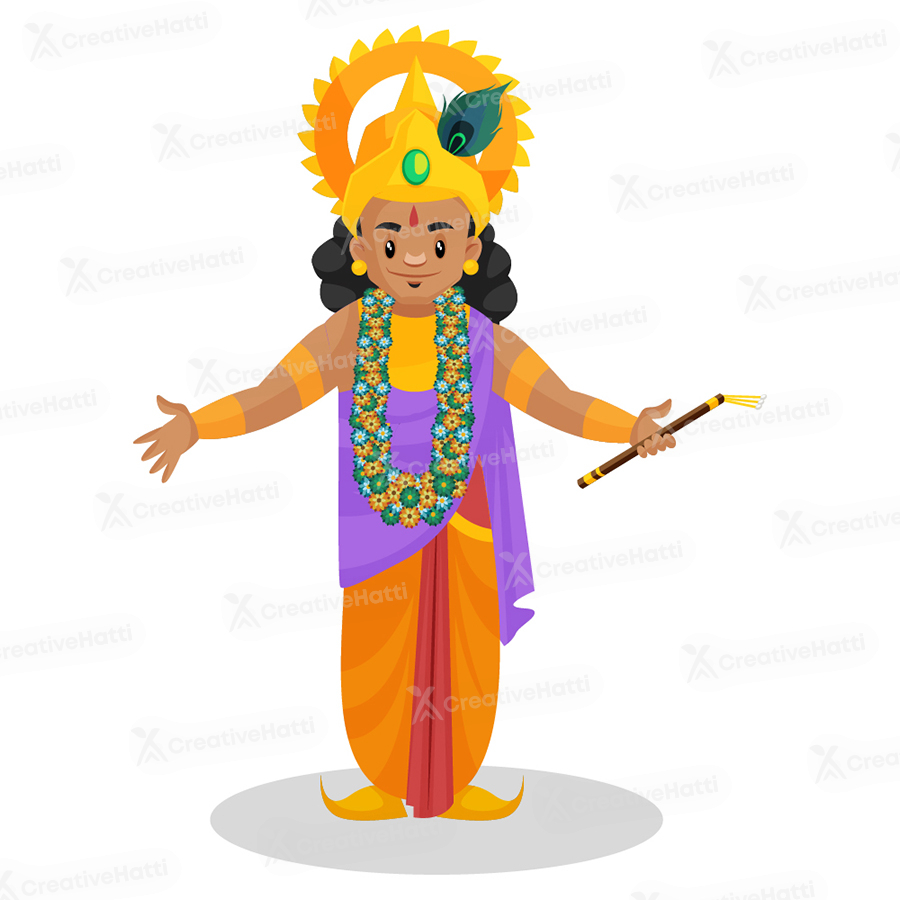 Shree Krishna is holding flute and standing with open arms