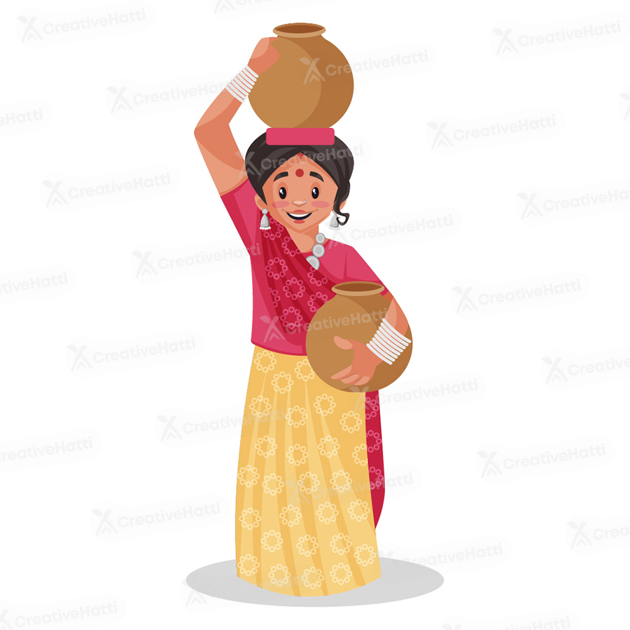 Indian Woman Is Holding Clay Pots On Head And In Hand